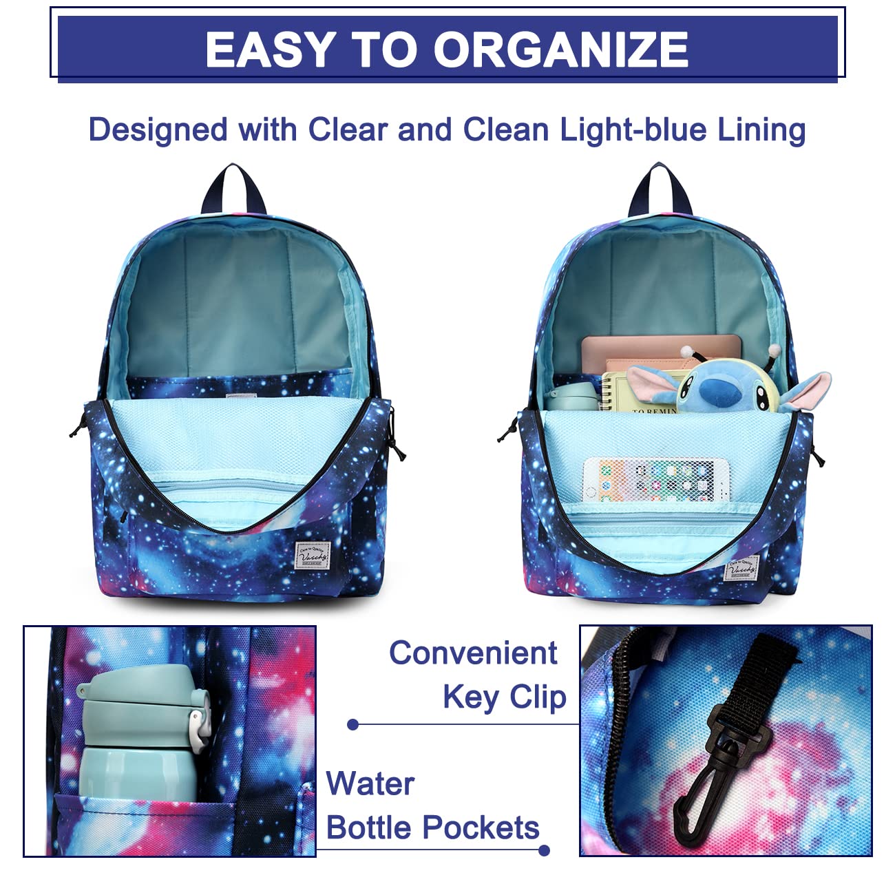 VASCHY Backpack for School, Lightweight Water Resistant Bookbag Casual Daypack for Middle School Teen Boys Girls Blue Galaxy