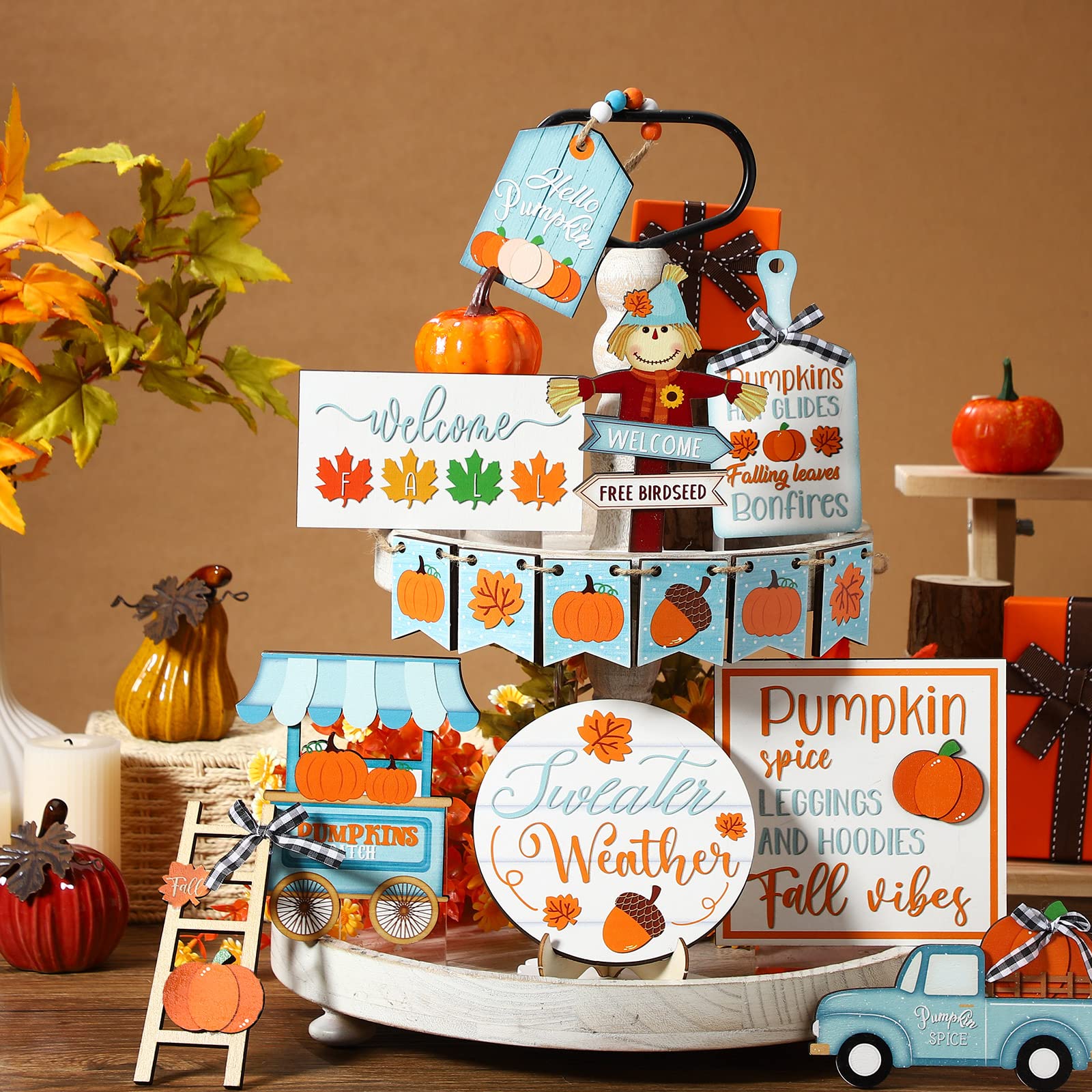 15 Pieces Fall Tiered Tray Decor Set Thanksgiving Pumpkin Tray Decor Scarecrow Truck Fall Decor for Home Autumn Harvest Wooden Table Decorations Signs