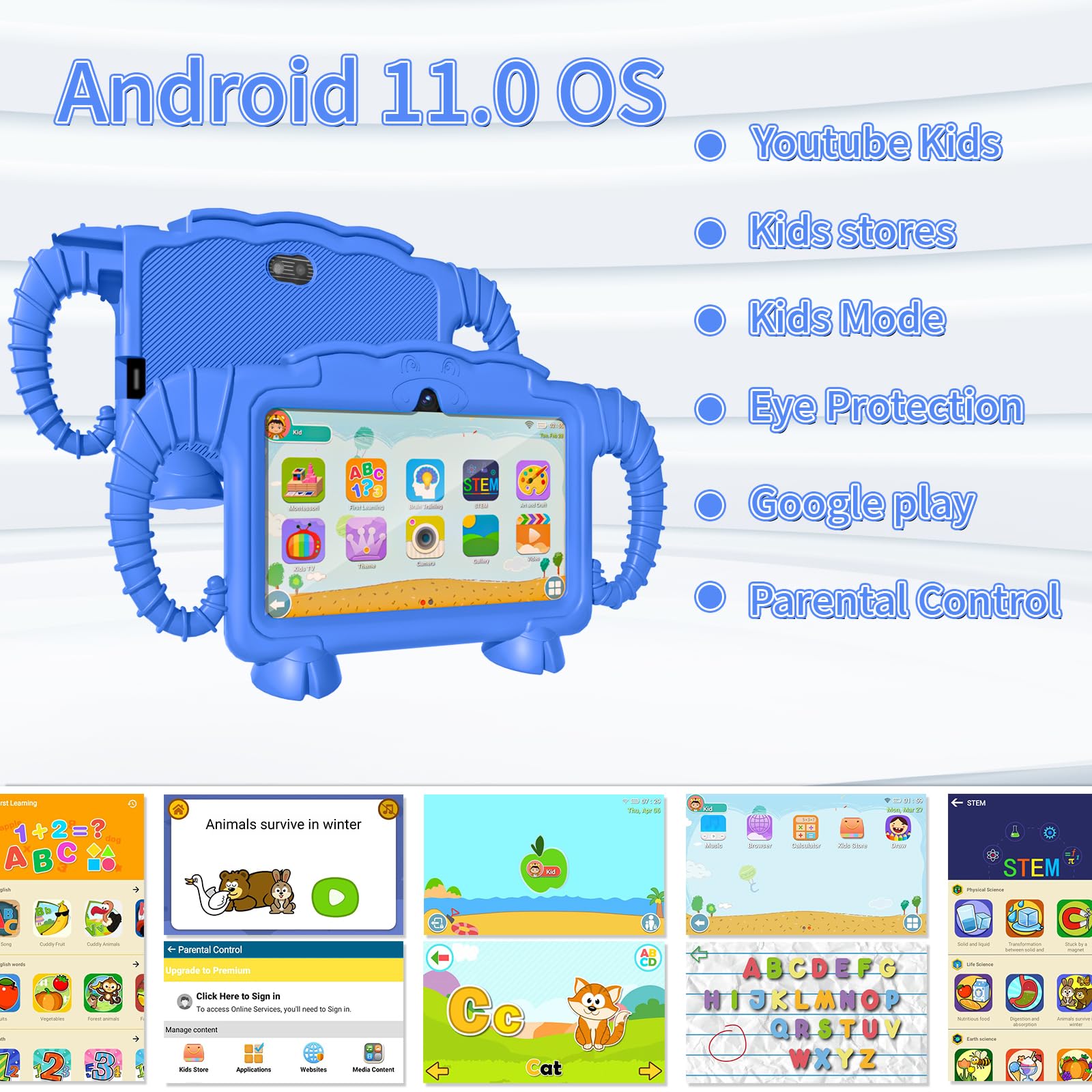 Aigopad Kids Tablet, 7 inch Android Tablet for Kids 3GB RAM 32GB ROM 128GB Expand Toddler Tablets with Shockproof Case, Bluetooth, GMS, WiFi, Parental Control, Dual Camera (Teal)