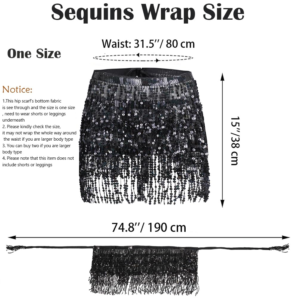 Women's Sequin Tassel Skirts Sparkly Rave Fringe Hip Scarf for Festival Costume(Black)