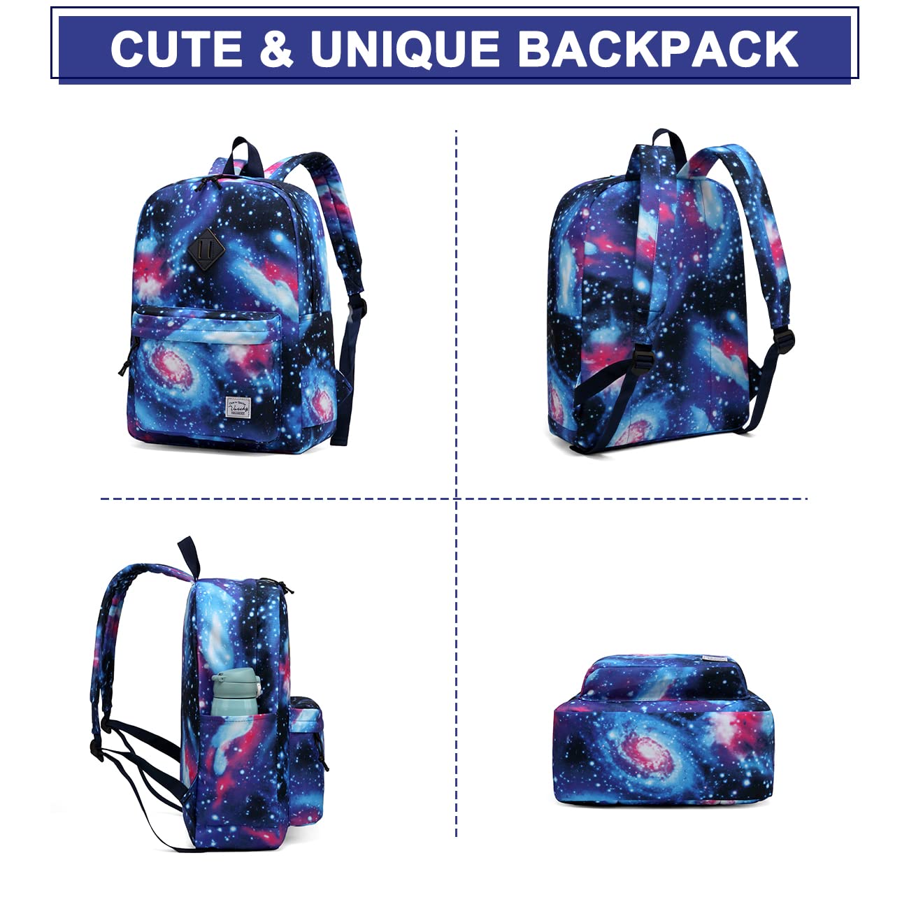 VASCHY Backpack for School, Lightweight Water Resistant Bookbag Casual Daypack for Middle School Teen Boys Girls Blue Galaxy