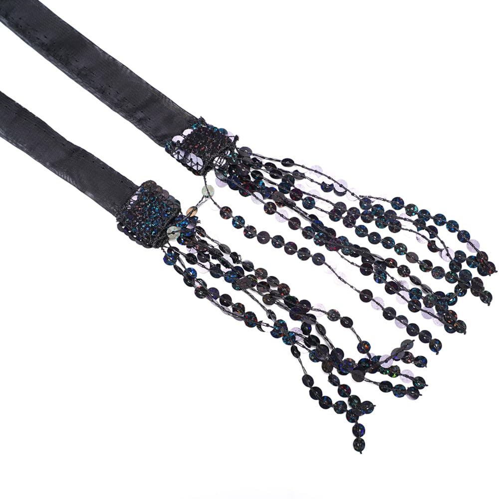 Women's Sequin Tassel Skirts Sparkly Rave Fringe Hip Scarf for Festival Costume(Black)