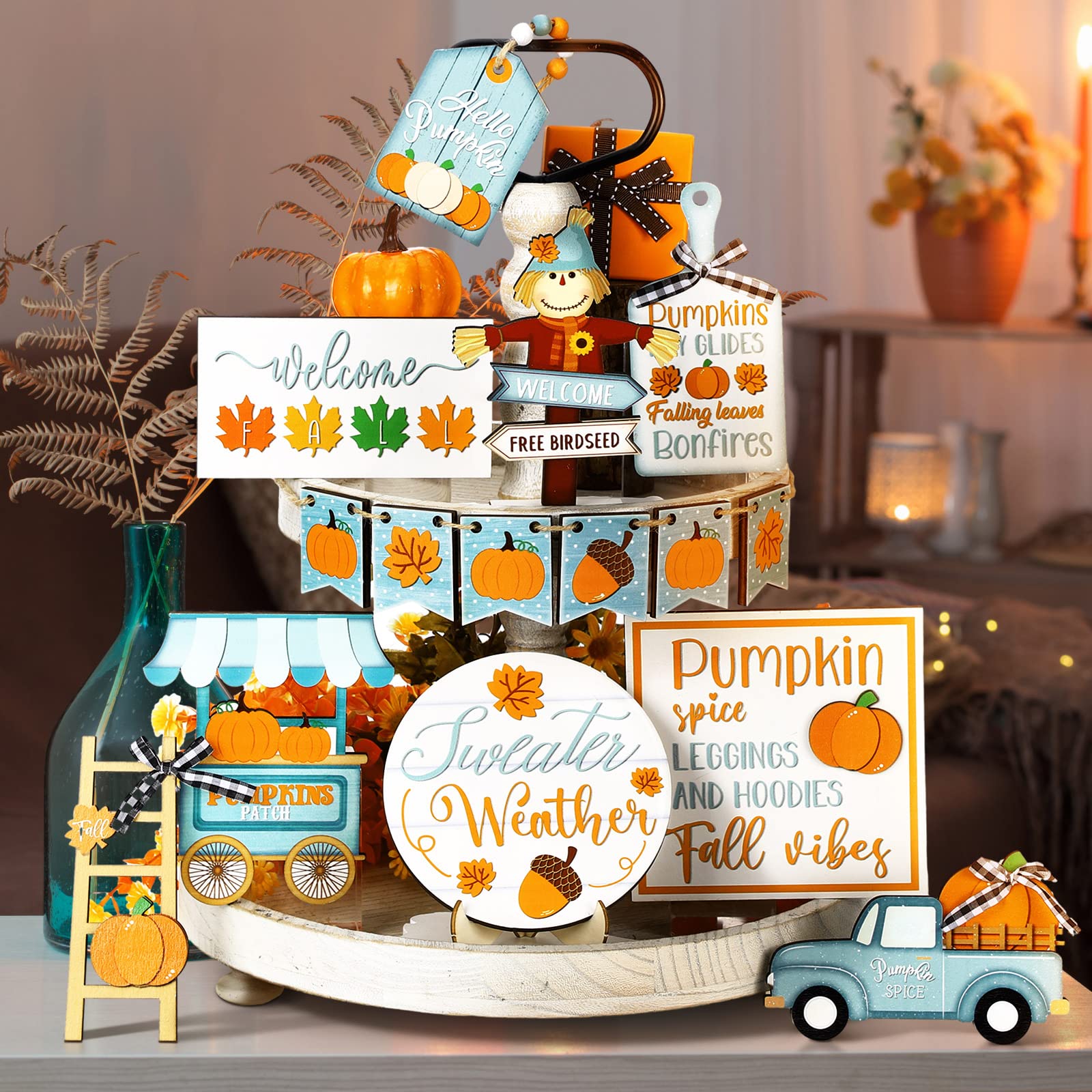 15 Pieces Fall Tiered Tray Decor Set Thanksgiving Pumpkin Tray Decor Scarecrow Truck Fall Decor for Home Autumn Harvest Wooden Table Decorations Signs