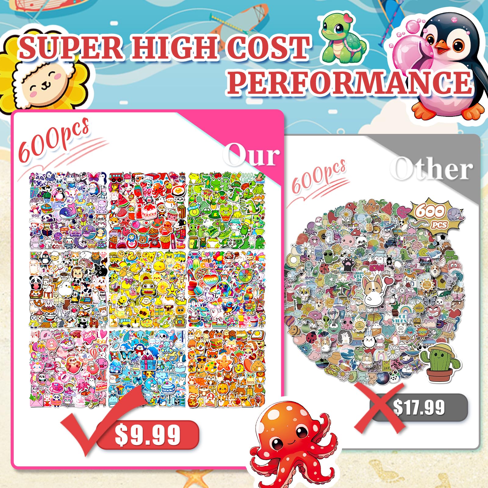 Y-times 600 Pcs Waterproof Vinyl Multicolor Cartoon Bubble Stickers for Kids, Teens, Adults - Water Bottle, Skateboards, Scrapbook, Laptops, Computers