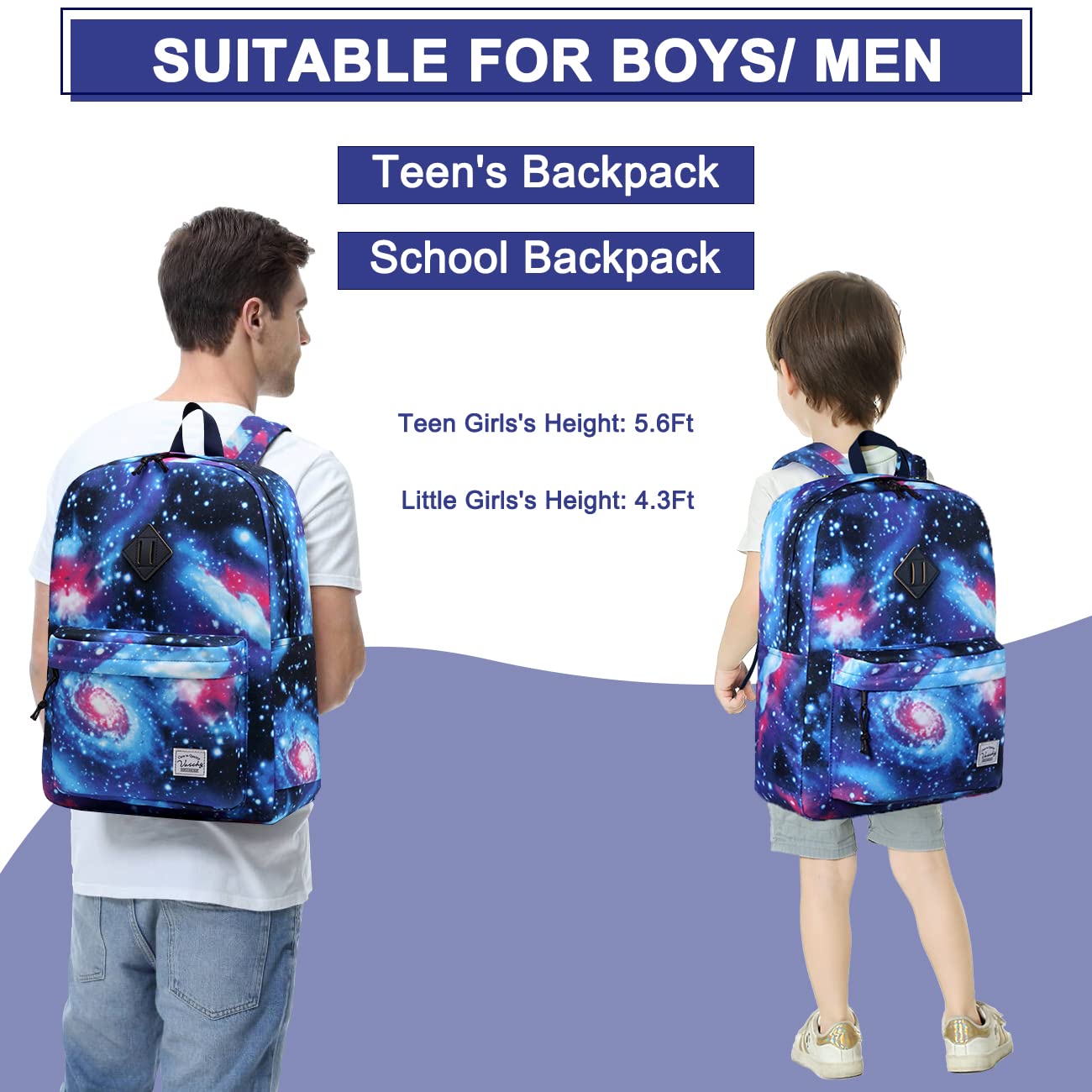 VASCHY Backpack for School, Lightweight Water Resistant Bookbag Casual Daypack for Middle School Teen Boys Girls Blue Galaxy