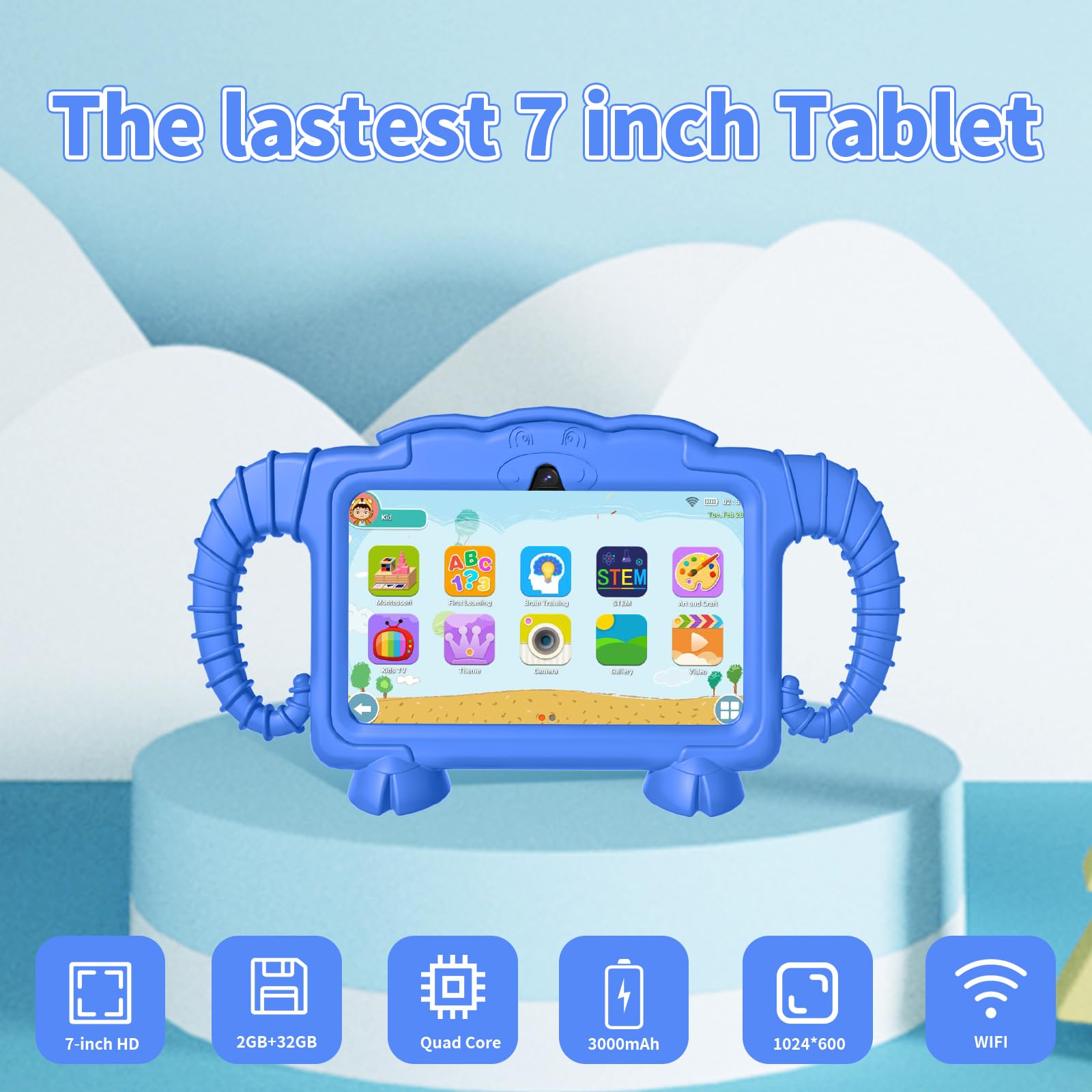 Aigopad Kids Tablet, 7 inch Android Tablet for Kids 3GB RAM 32GB ROM 128GB Expand Toddler Tablets with Shockproof Case, Bluetooth, GMS, WiFi, Parental Control, Dual Camera (Teal)