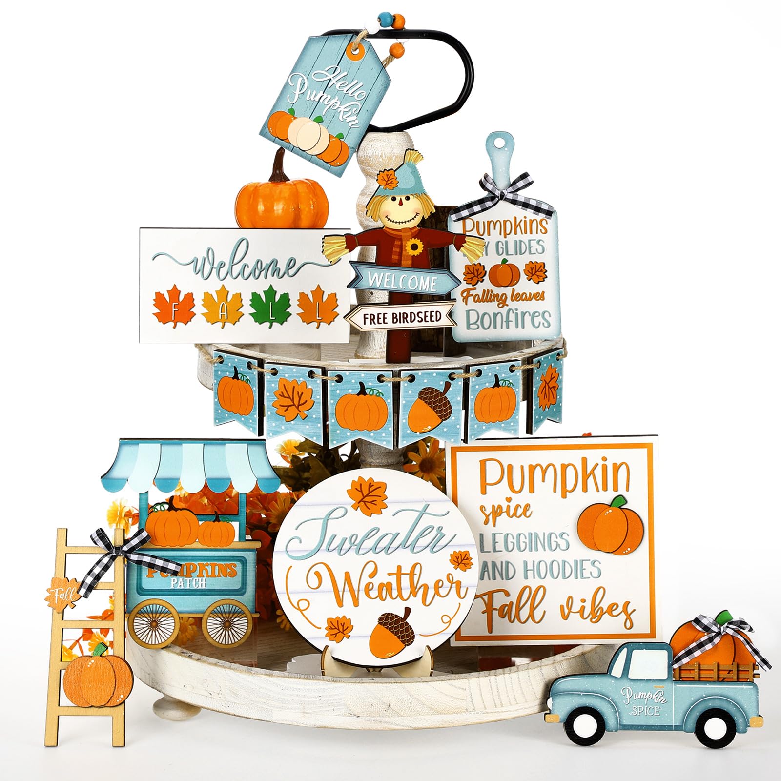 15 Pieces Fall Tiered Tray Decor Set Thanksgiving Pumpkin Tray Decor Scarecrow Truck Fall Decor for Home Autumn Harvest Wooden Table Decorations Signs