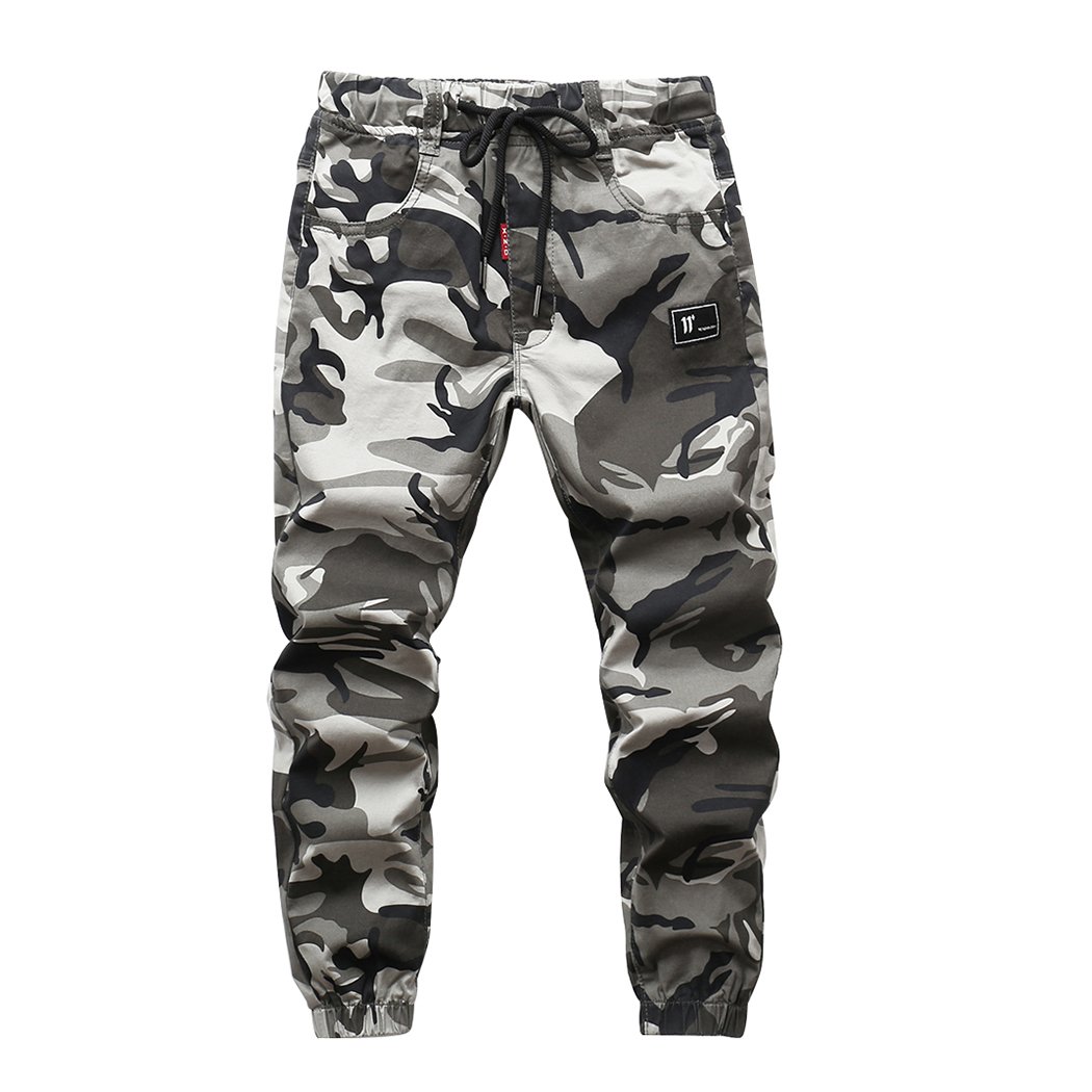 LOKTARC Boys Camo Pants Kids Pull On Drawstring Youth Camouflage Cargo Joggers Grey Size 160/12-13 Years
