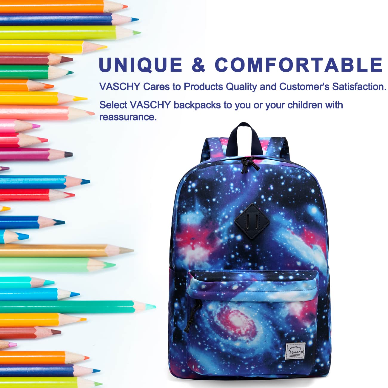 VASCHY Backpack for School, Lightweight Water Resistant Bookbag Casual Daypack for Middle School Teen Boys Girls Blue Galaxy