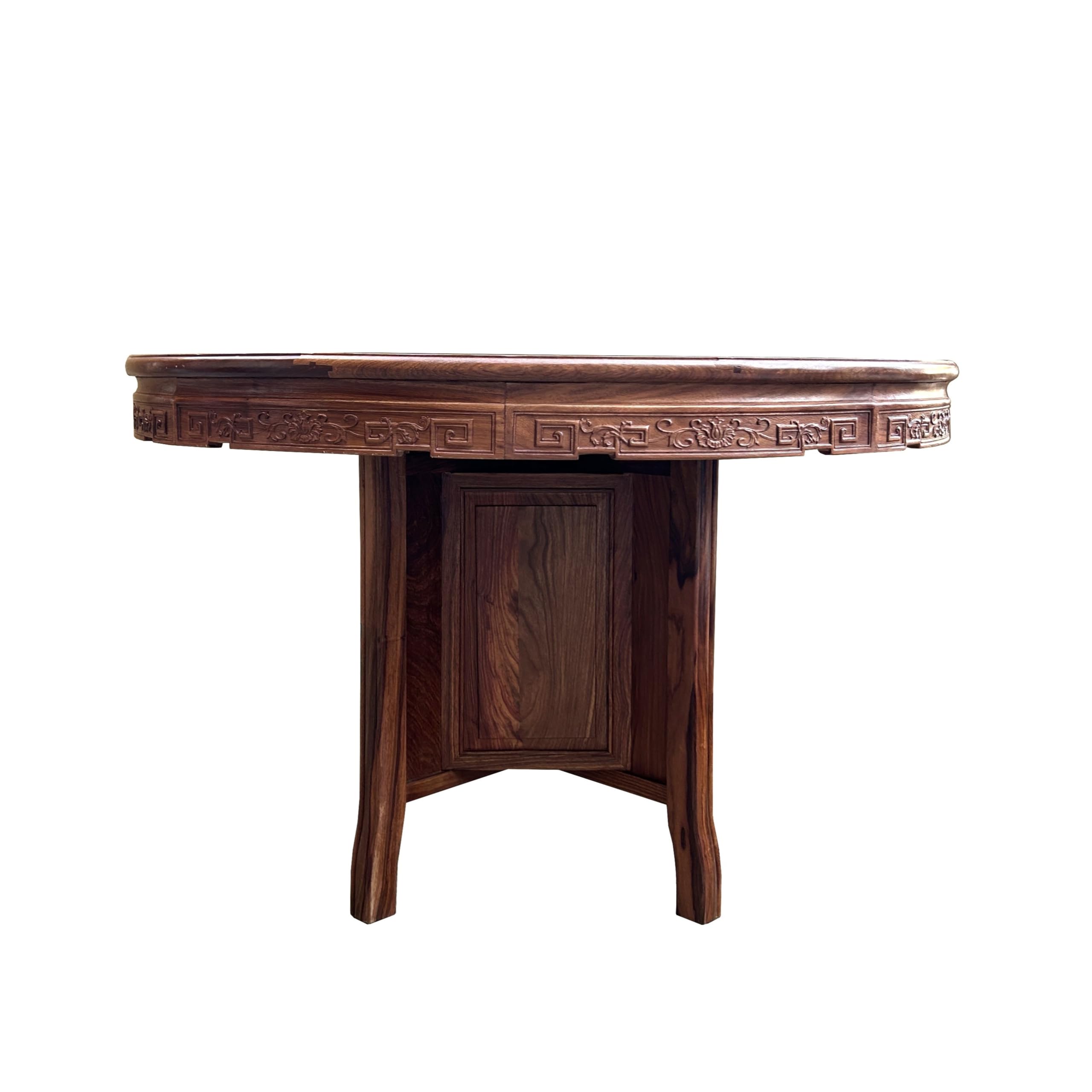 Chinese Brown Flower Carving Wood Round Pedestal Base Tea Table Acs7697