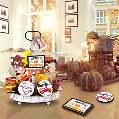 Fairysandy Fall Tiered Tray Decor Set Autumn Pumpkin Farmhouse Wood Table Sign Rustic Party Tiered Tray Decorations for Home Thanksgiving Kitchen Bathroom Table Shelf Centerpiece