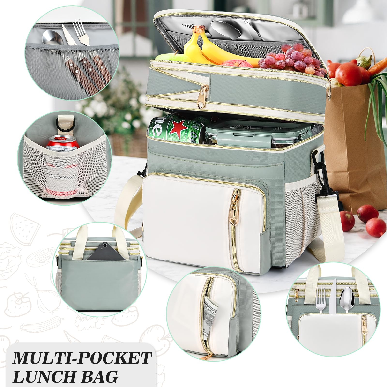 BAGNN Lunch Box & Lunch Bag for Women Men, Large Insulated Adult Lunch Box Leakproof Lunchbox Cooler Bag for Work Picnic Beach,16L, Olive Green & White