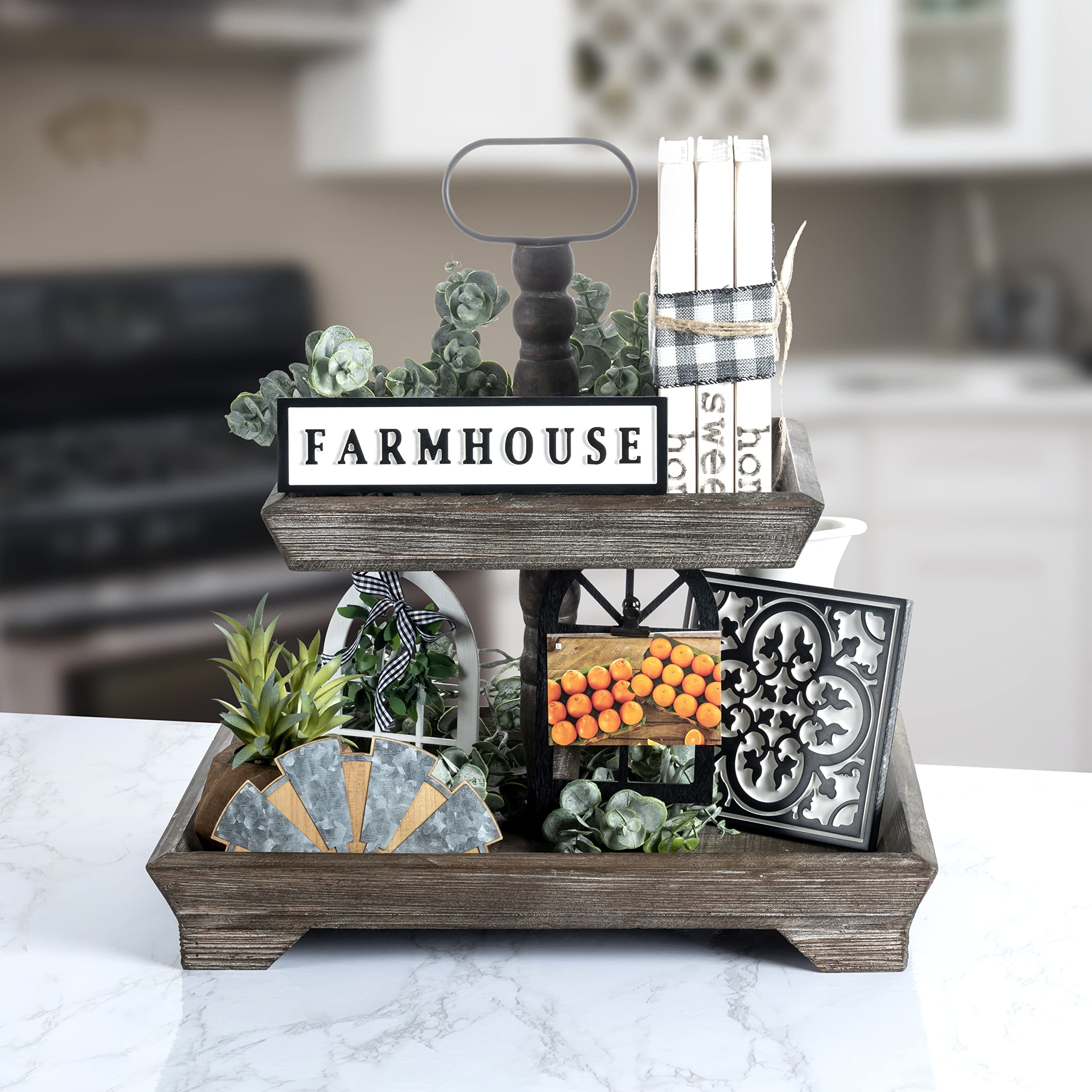 Heather & Willow Farmhouse Tiered Tray Decor Items Set of 5 | Tiered Serving Decorative Galvanized Tray | Rustic Vintage Tier Tray Decorations | Fall, Home & Living Room & Kitchen Décor