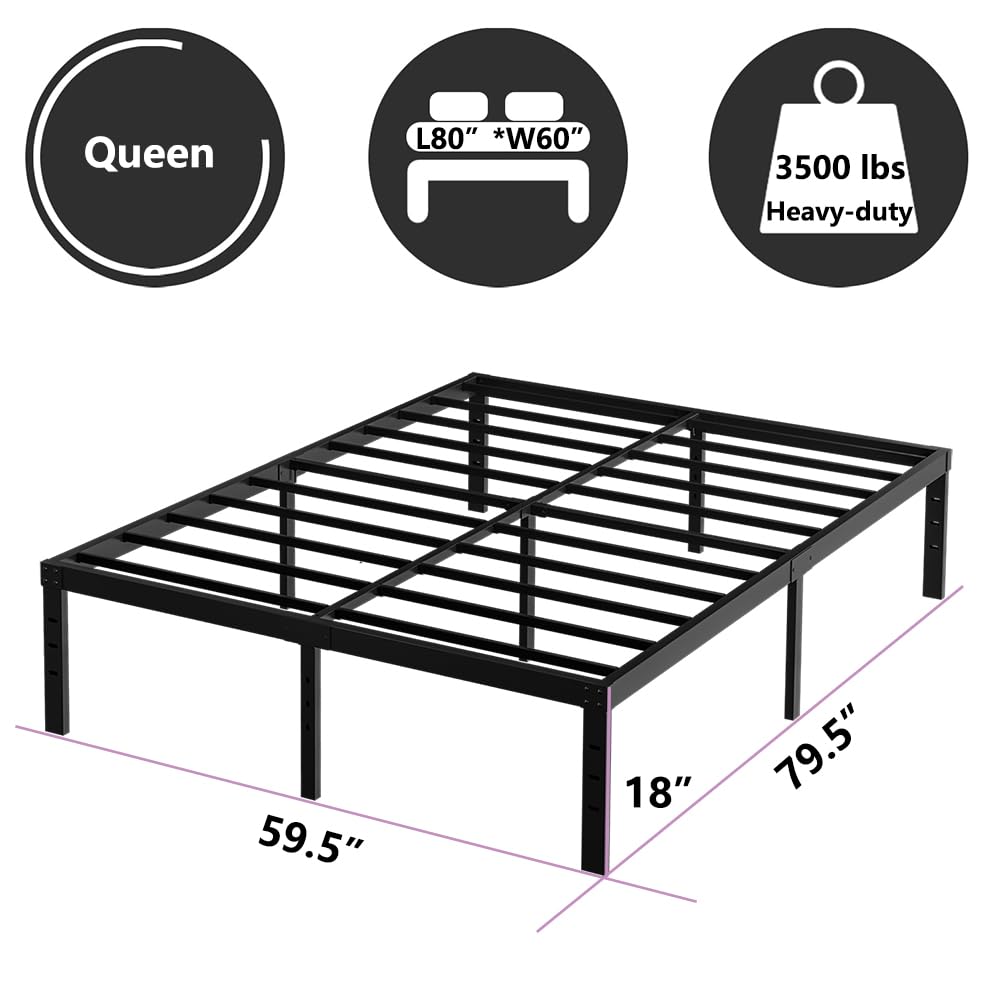 QUALEONA Bed-Frame-Queen, 18 Inch Metal Platform Queen-Size-Bed-Frame, No Box Spring Needed, Heavy Duty Steel Slat Support, Noise Free, Easy Quick Assembly, Black
