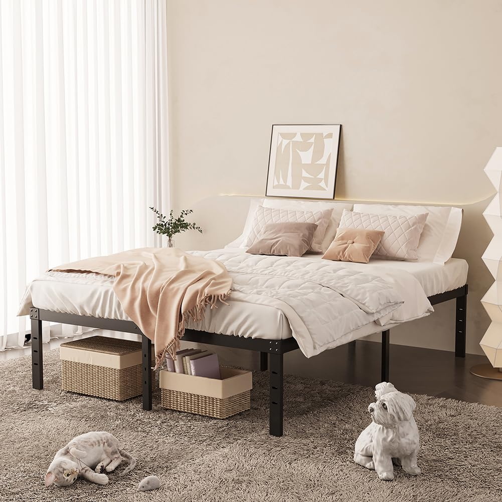 QUALEONA Bed-Frame-Queen, 18 Inch Metal Platform Queen-Size-Bed-Frame, No Box Spring Needed, Heavy Duty Steel Slat Support, Noise Free, Easy Quick Assembly, Black