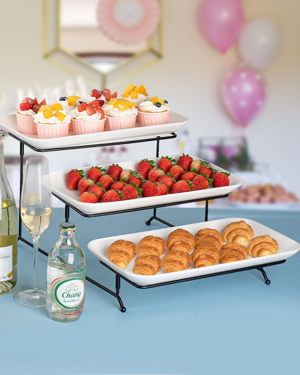 Delling 3 Tier Serving Tray for Dessert Table Display Set, 12 inch Tiered Serving Stand with Serving Dishes for Entertraining, Collapsible Sturdier Stand, White Serving Platters for Party Display Set