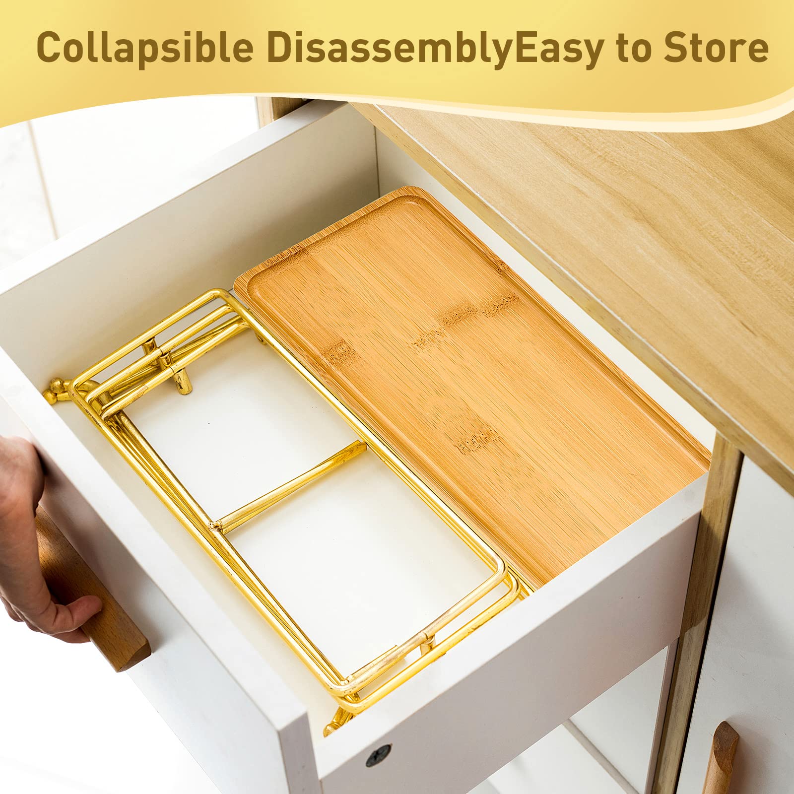Thyle 2 Pcs 3 Tier Serving Trays Stand Rectangle Bamboo Tiered Serving Platters Dessert Table Display Set with 4 Pcs Tongs Trays with Metal Rack for Easter Wedding Party Food Cupcake(Gold)