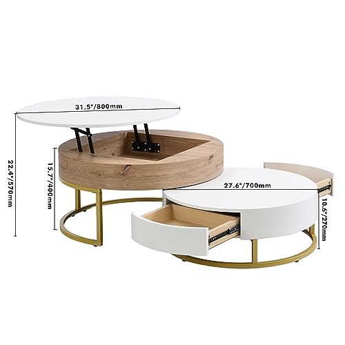 Modern Round Lift-top Nesting Coffee Tables with 2 Drawers, Wood Cocktail Table Center Table with Metal Pedestal & Concealed Storage Compartment for Living Room (Oak Natural Wood + Antique White-74)