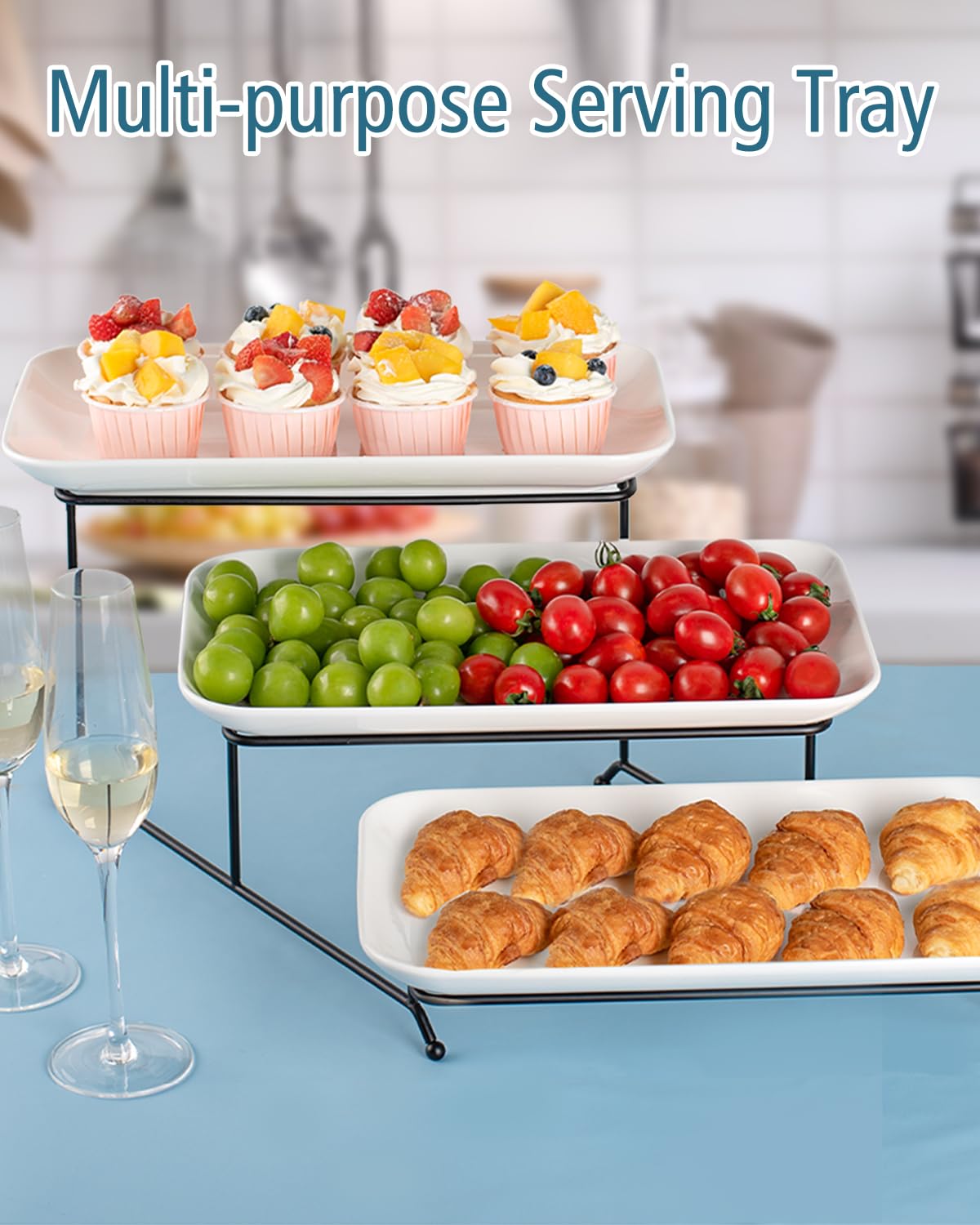 Delling 3 Tier Serving Tray for Dessert Table Display Set, 12 inch Tiered Serving Stand with Serving Dishes for Entertraining, Collapsible Sturdier Stand, White Serving Platters for Party Display Set