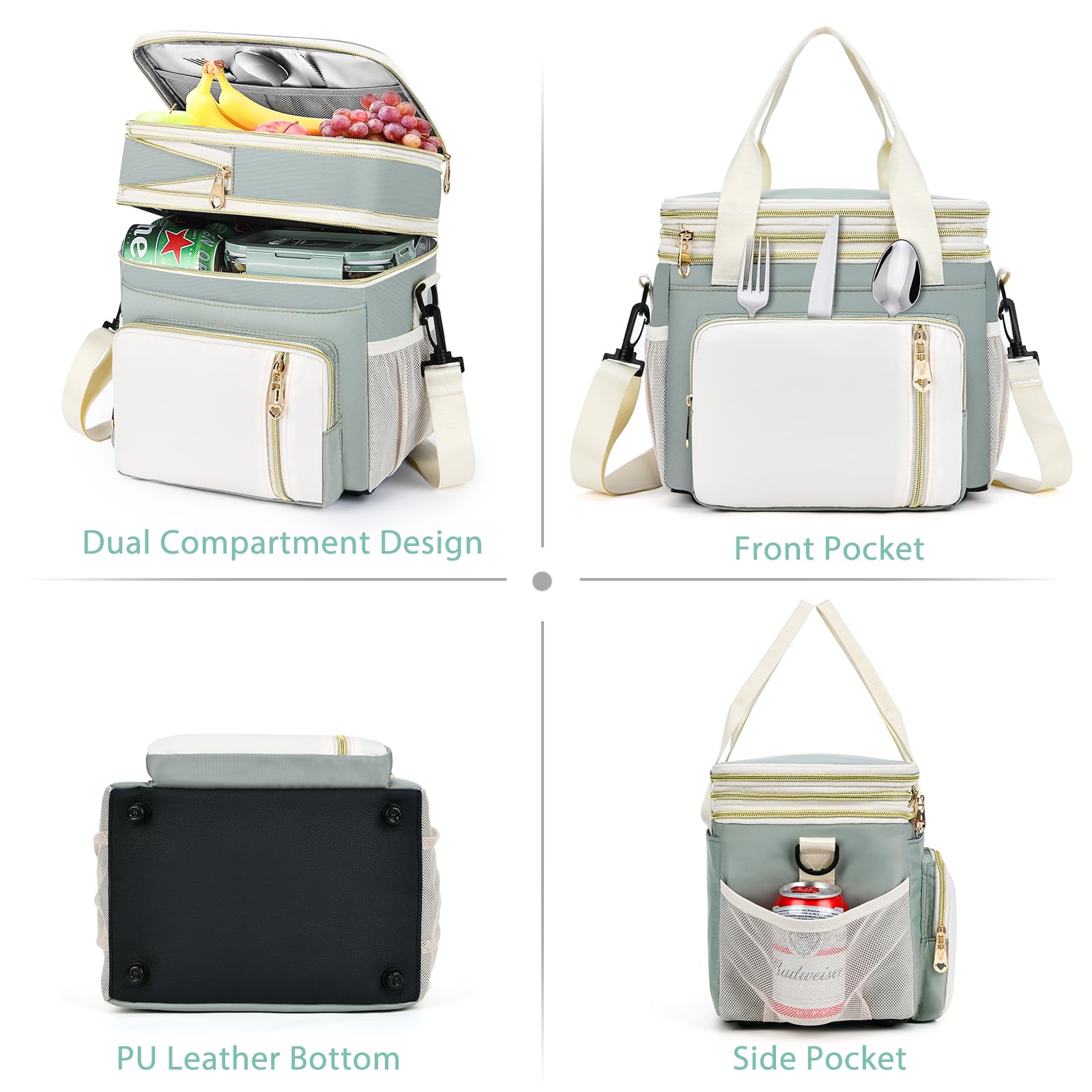 BAGNN Lunch Box & Lunch Bag for Women Men, Large Insulated Adult Lunch Box Leakproof Lunchbox Cooler Bag for Work Picnic Beach,16L, Olive Green & White