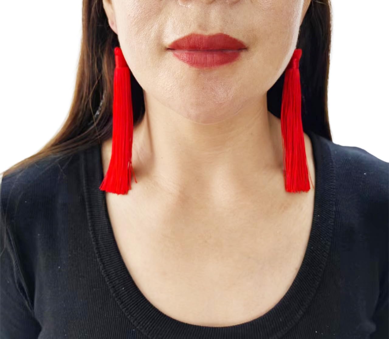 MELUOGE Women's Knotted Tassel Long Earrings 4.7" (B:Red)