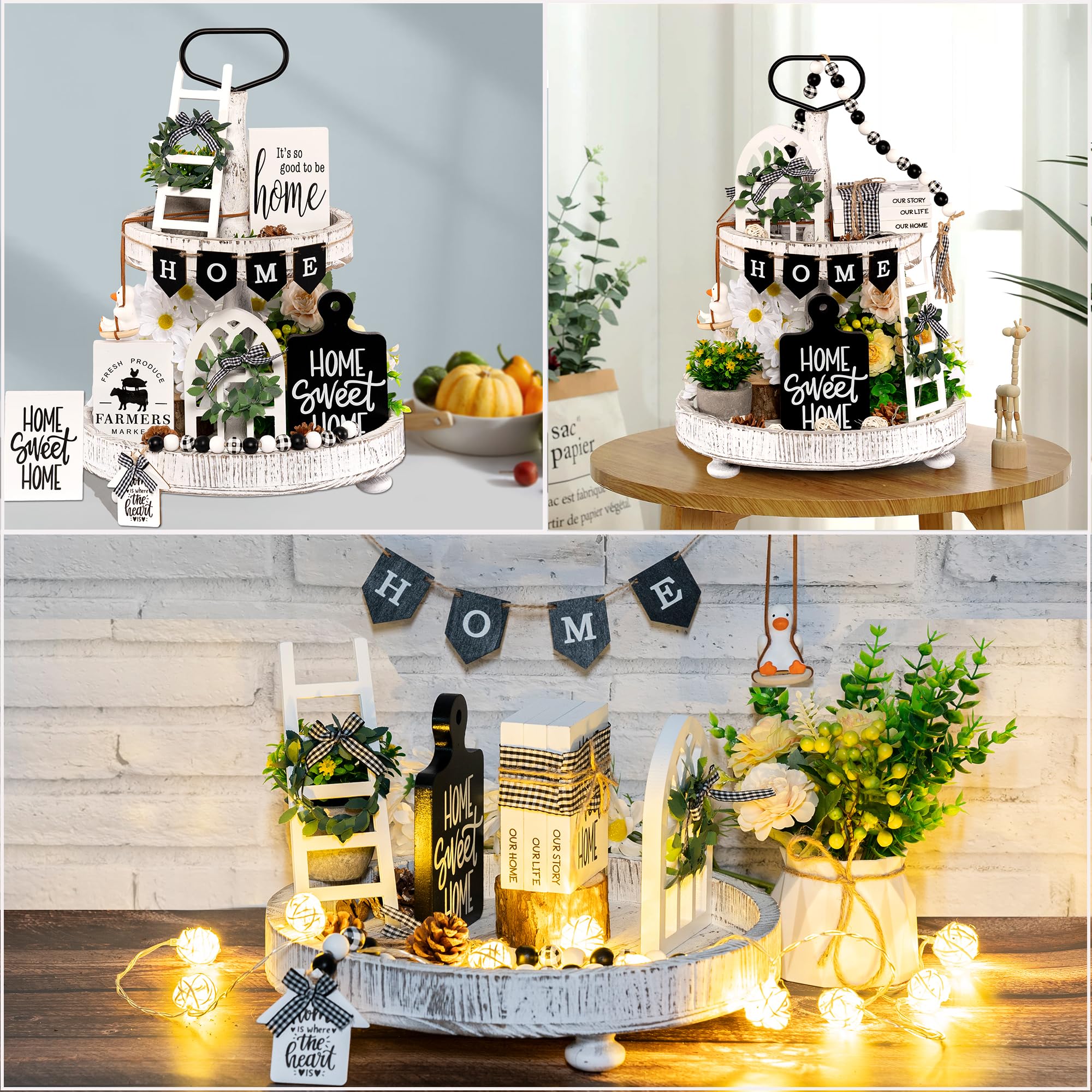 14pcs Farmhouse Tiered Tray Decor Set, 3D Rustic Farmhouse Home Kitchen Decor Home Sweet Home Wood Sign, Tiered Tray Decorations Set for Home Table Shelf decor
