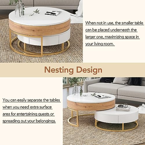 Modern Round Lift-top Nesting Coffee Tables with 2 Drawers, Wood Cocktail Table Center Table with Metal Pedestal & Concealed Storage Compartment for Living Room (Oak Natural Wood + Antique White-74)