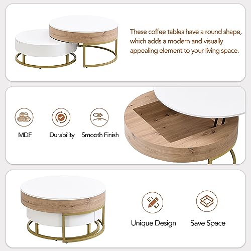 Modern Round Lift-top Nesting Coffee Tables with 2 Drawers, Wood Cocktail Table Center Table with Metal Pedestal & Concealed Storage Compartment for Living Room (Oak Natural Wood + Antique White-74)
