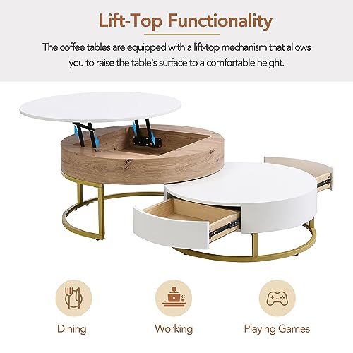 Modern Round Lift-top Nesting Coffee Tables with 2 Drawers, Wood Cocktail Table Center Table with Metal Pedestal & Concealed Storage Compartment for Living Room (Oak Natural Wood + Antique White-74)