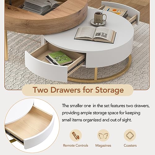 Modern Round Lift-top Nesting Coffee Tables with 2 Drawers, Wood Cocktail Table Center Table with Metal Pedestal & Concealed Storage Compartment for Living Room (Oak Natural Wood + Antique White-74)