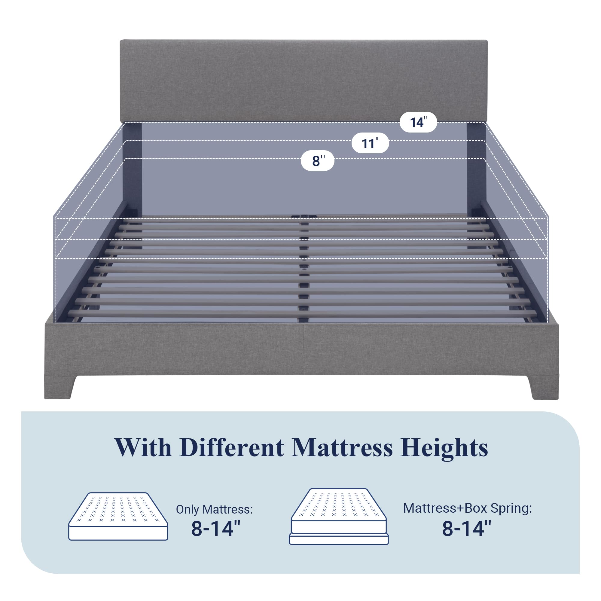 Allewie Queen Bed Frame with Upholstered Adjustable Headboard, Platform Bed with Wood Slats, Heavy Duty Mattress Foundation, No Box Spring Needed, Easy Assembly, Light Grey