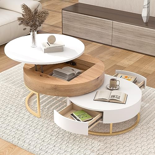 Modern Round Lift-top Nesting Coffee Tables with 2 Drawers, Wood Cocktail Table Center Table with Metal Pedestal & Concealed Storage Compartment for Living Room (Oak Natural Wood + Antique White-74)