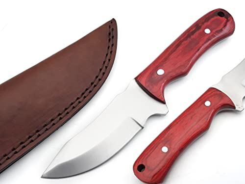 Exemplary Knives 9'' Handmade Fixed Blade knife with Cowhide Leather Sheath with integrated belt loop Stainless Steel Blade and Highly Polishing Red Pakkawood handle with Comfortable Grip for Outdoor Hunting, Hiking, Skinning, Camping and Bushcrafting.