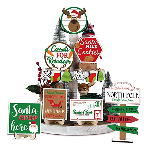 13 Pieces Winter Tiered Tray Decor Winter Table Farmhouse Centerpieces Decoration Elk Sled Tree Snowflake Wood Blocks Signs for Home Room Decor(Christmas Style)