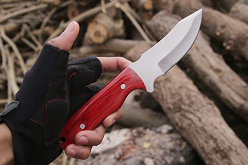 Exemplary Knives 9'' Handmade Fixed Blade knife with Cowhide Leather Sheath with integrated belt loop Stainless Steel Blade and Highly Polishing Red Pakkawood handle with Comfortable Grip for Outdoor Hunting, Hiking, Skinning, Camping and Bushcrafting.