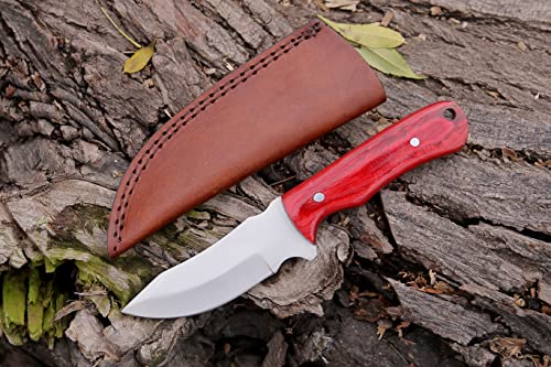Exemplary Knives 9'' Handmade Fixed Blade knife with Cowhide Leather Sheath with integrated belt loop Stainless Steel Blade and Highly Polishing Red Pakkawood handle with Comfortable Grip for Outdoor Hunting, Hiking, Skinning, Camping and Bushcrafting.