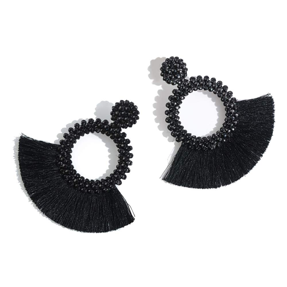 D.Rosse Handmade Bohemian Tassel Crystal Statement Drop Dangle Earrings for Women Hoop Fringe Lightweight Ear Jewelry Summer Accessories (Black)