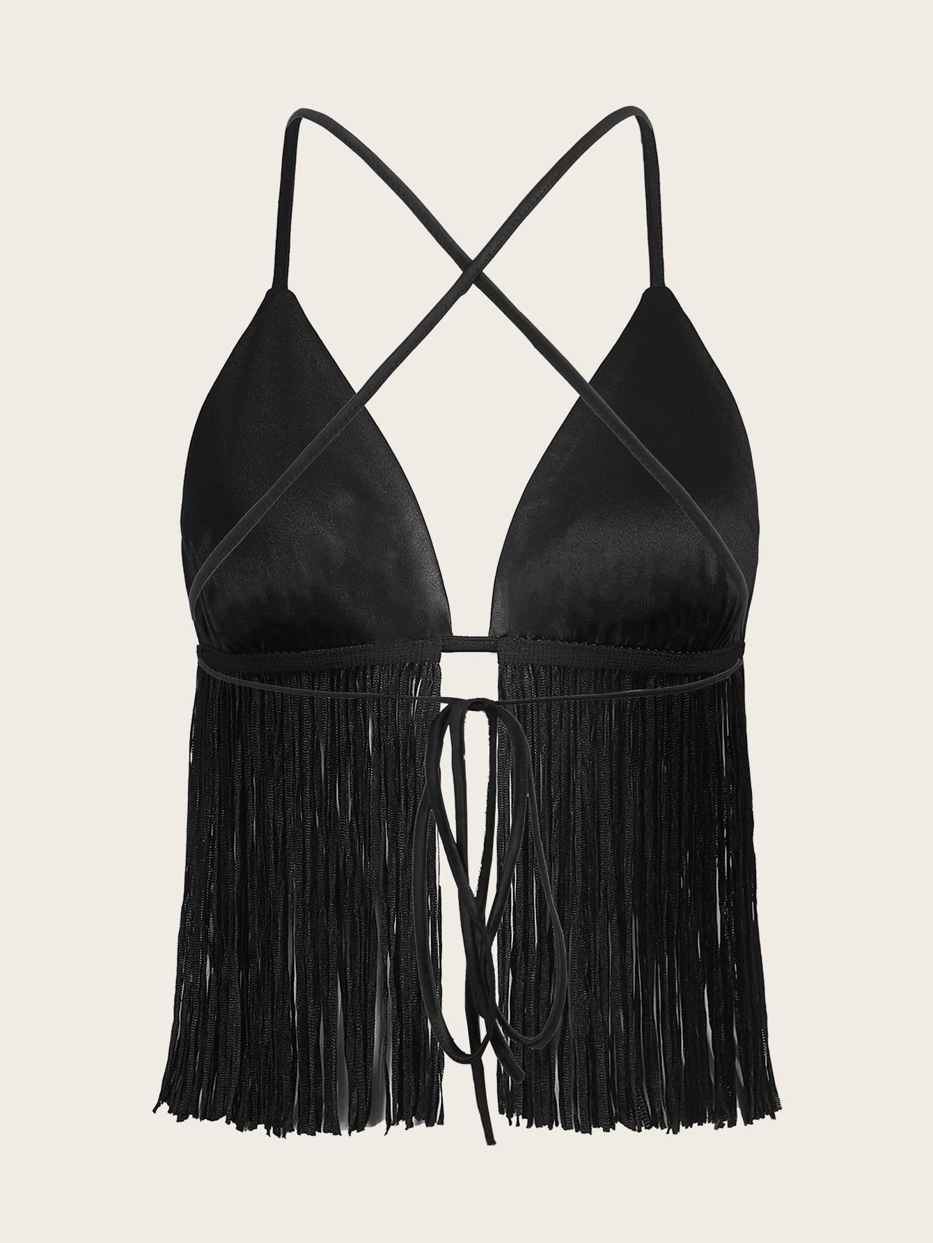Verdusa Women's Crisscross Tie Backless Fringe Hem Sleeveless Satin Crop Cami Top Black S