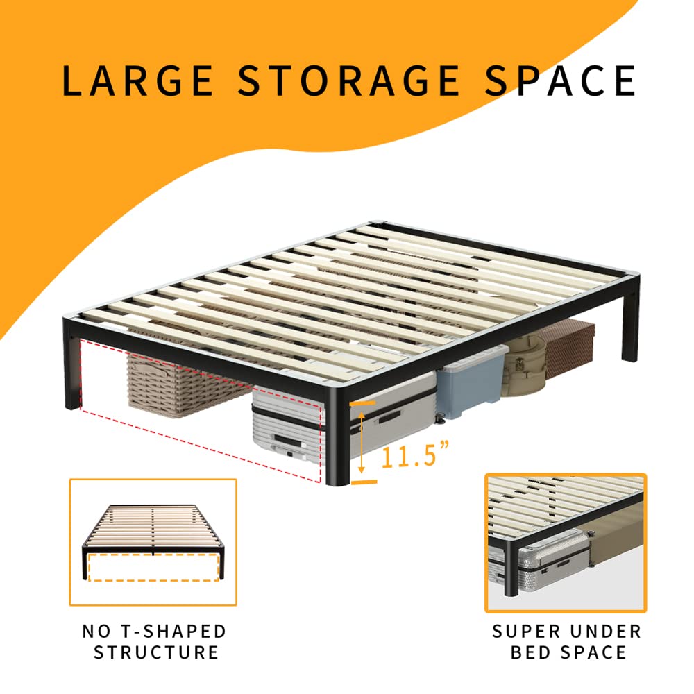 MAF 14 Inch Queen Platform Bed Frames with Wooden Slats, Black 3500 Lbs Heavy Duty Metal Bed Frame with Anti-Collision Round Legs, No Box Spring Needed, Easy Assembly