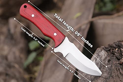Exemplary Knives 9'' Handmade Fixed Blade knife with Cowhide Leather Sheath with integrated belt loop Stainless Steel Blade and Highly Polishing Red Pakkawood handle with Comfortable Grip for Outdoor Hunting, Hiking, Skinning, Camping and Bushcrafting.