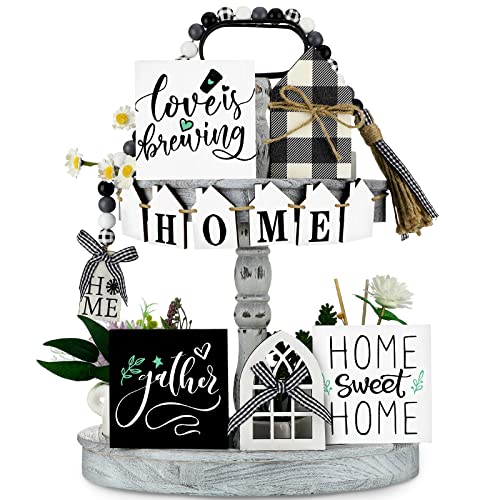 Spakon 14 Pieces Farmhouse Tiered Tray Decor Black White Buffalo Plaid Christmas Decor Wood Bead Garland with Tassel for Rustic Home Sweet Home Farmhouse Xmas Gift(Home Style)