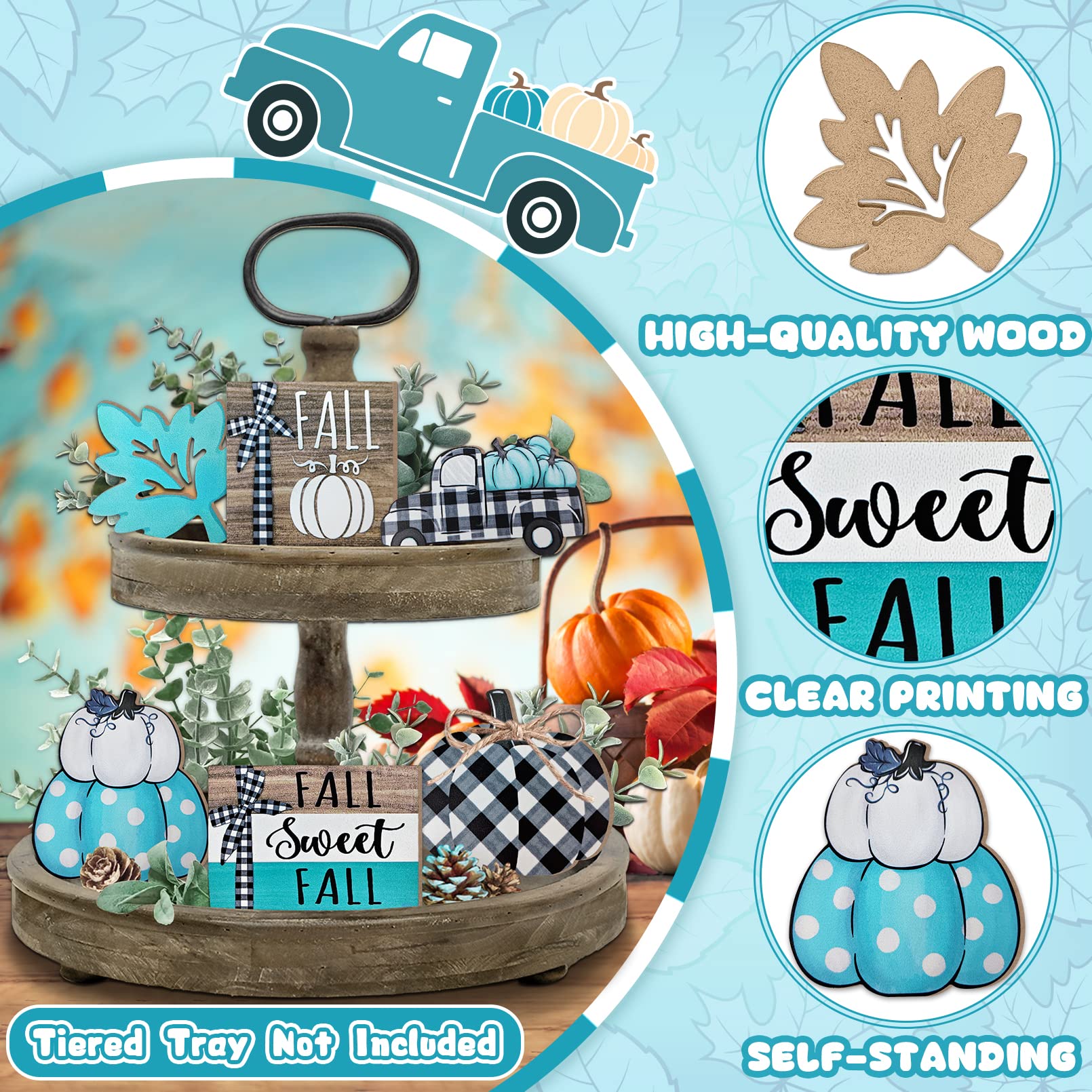 Guoofu Blue Fall Tiered Tray Decor, Pumpkin Farmhouse Tray Decorations, Buffalo Plaid Pumpkin Trucks Maple Leaf Book Stack Wooden Signs, Autumn Thanksgiving Home Decor for Mantel Tabletop Shelf