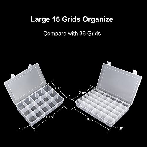 Snowkingdom Large 15 Grid Clear Organizer Box Adjustable Dividers - Plastic Compartment Storage Container for Washi Tapes, Craft, Beads, Jewelry, Small Parts