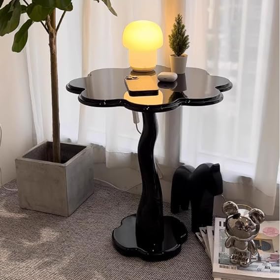 Modern Sofa Side End Table Wooden Flower Shape Side Tables Living Room Small Accent Table with Round Pedestal, Wave-Design Couch Corner Tables Coffee Table for Home Decor (Black)