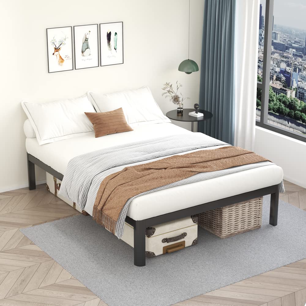 MAF 14 Inch Queen Platform Bed Frames with Wooden Slats, Black 3500 Lbs Heavy Duty Metal Bed Frame with Anti-Collision Round Legs, No Box Spring Needed, Easy Assembly