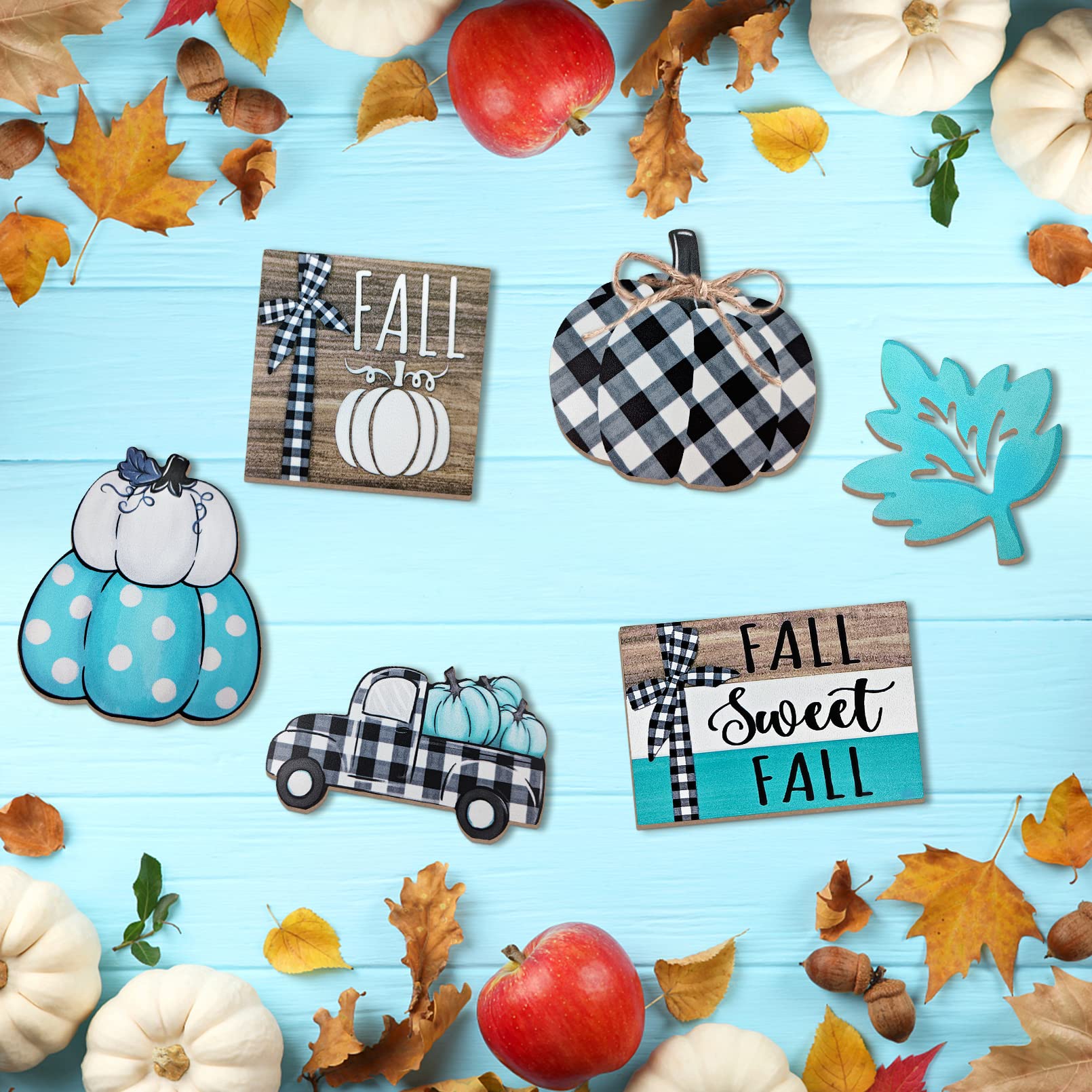 Guoofu Blue Fall Tiered Tray Decor, Pumpkin Farmhouse Tray Decorations, Buffalo Plaid Pumpkin Trucks Maple Leaf Book Stack Wooden Signs, Autumn Thanksgiving Home Decor for Mantel Tabletop Shelf