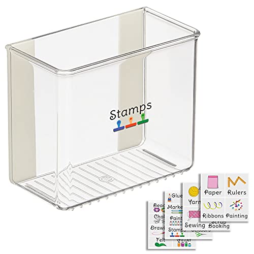 mDesign Plastic Self-Adhesive Wall Mount Craft, Sewing and Hobby Storage Organizer Bin Basket - Compact Container Box Holder for Hanging on Walls/Doors - 6" Wide + 32 Adhesive Labels - Clear
