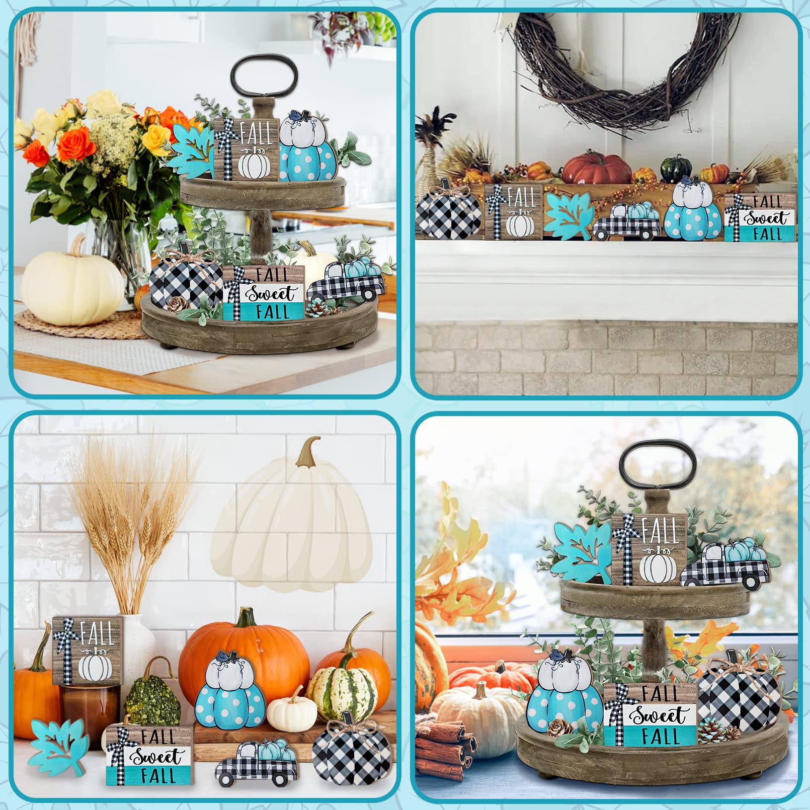 Guoofu Blue Fall Tiered Tray Decor, Pumpkin Farmhouse Tray Decorations, Buffalo Plaid Pumpkin Trucks Maple Leaf Book Stack Wooden Signs, Autumn Thanksgiving Home Decor for Mantel Tabletop Shelf