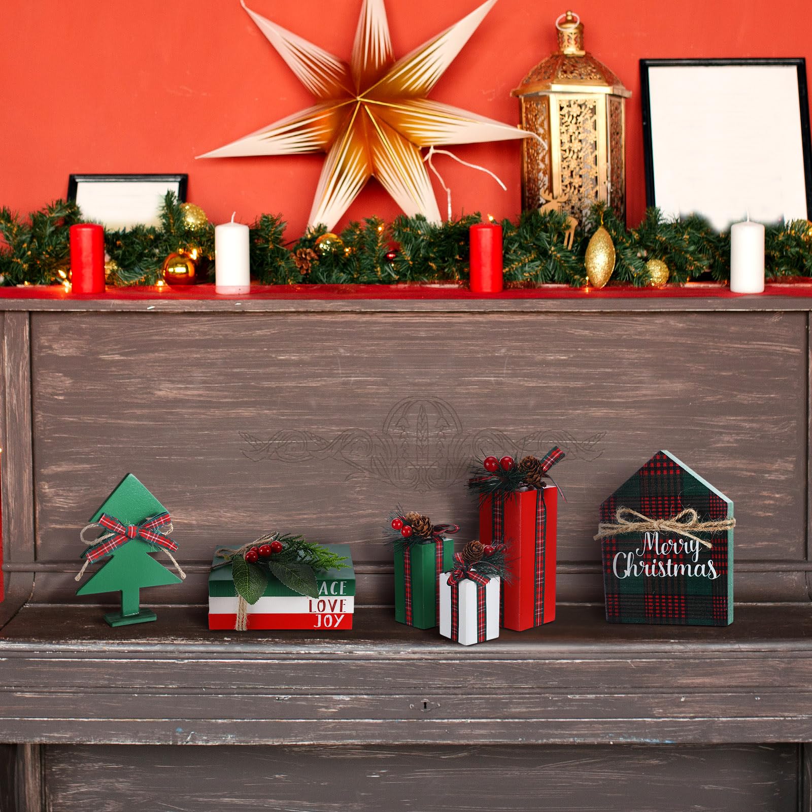 Kigley 6 Pcs Christmas Wooden Table Decorative Xmas Tiered Tray Decor Wooden Block Firework Book Sign for Xmas Home Farmhouse Table Decor(Classic)