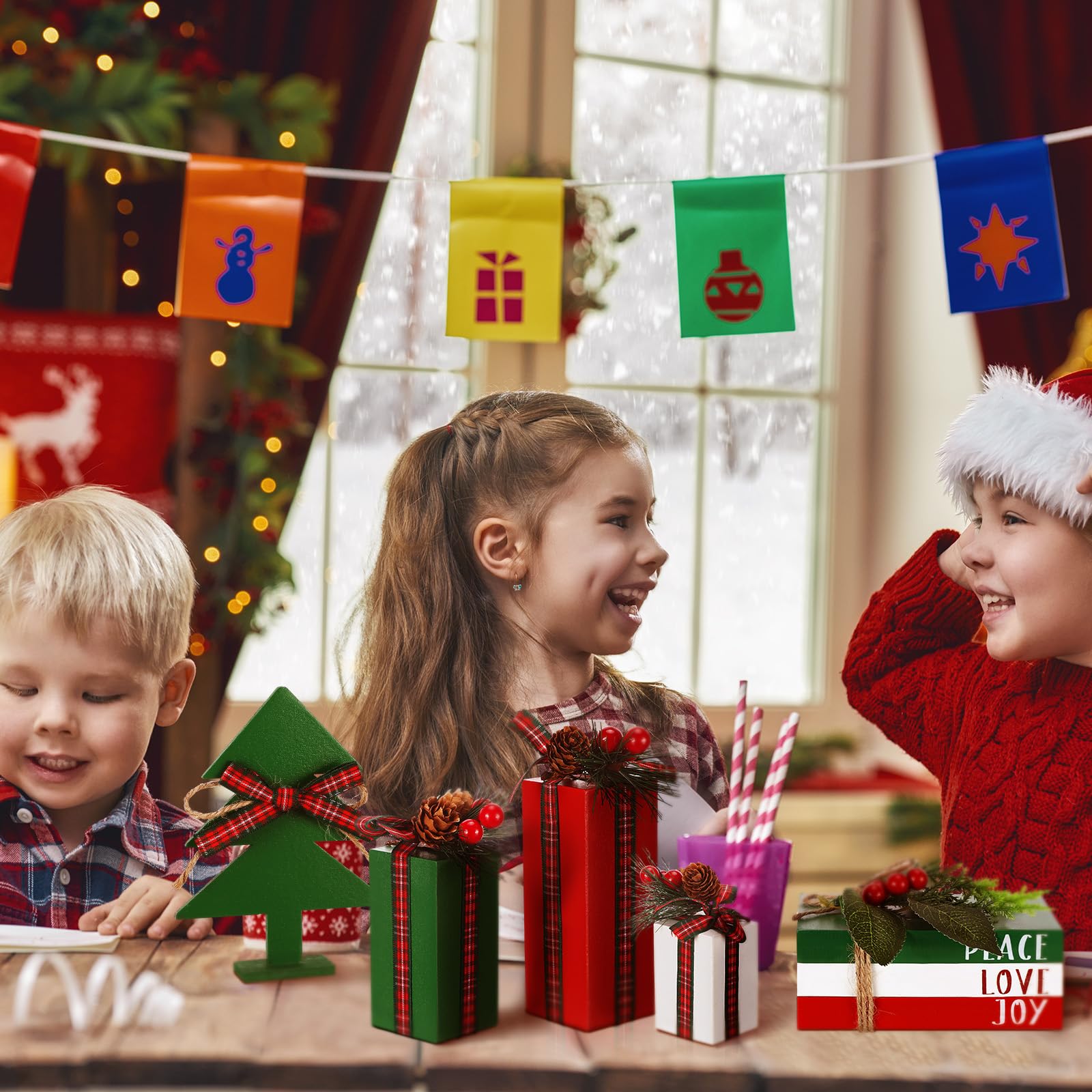 Kigley 6 Pcs Christmas Wooden Table Decorative Xmas Tiered Tray Decor Wooden Block Firework Book Sign for Xmas Home Farmhouse Table Decor(Classic)
